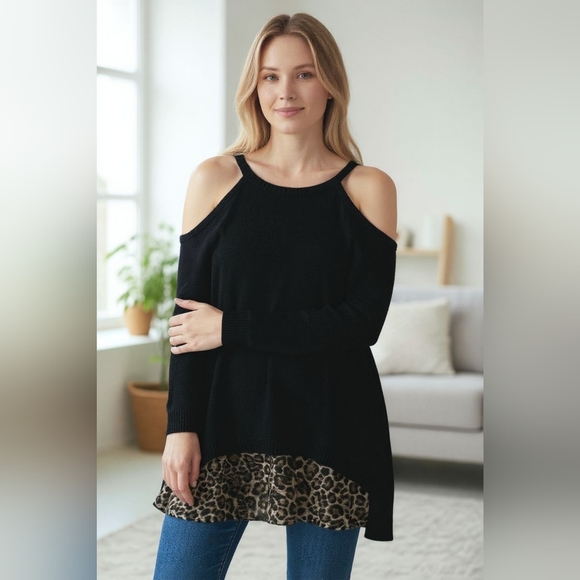 VENUS | Sweaters | Venus Black And Leopard Offtheshoulder Sweater ...